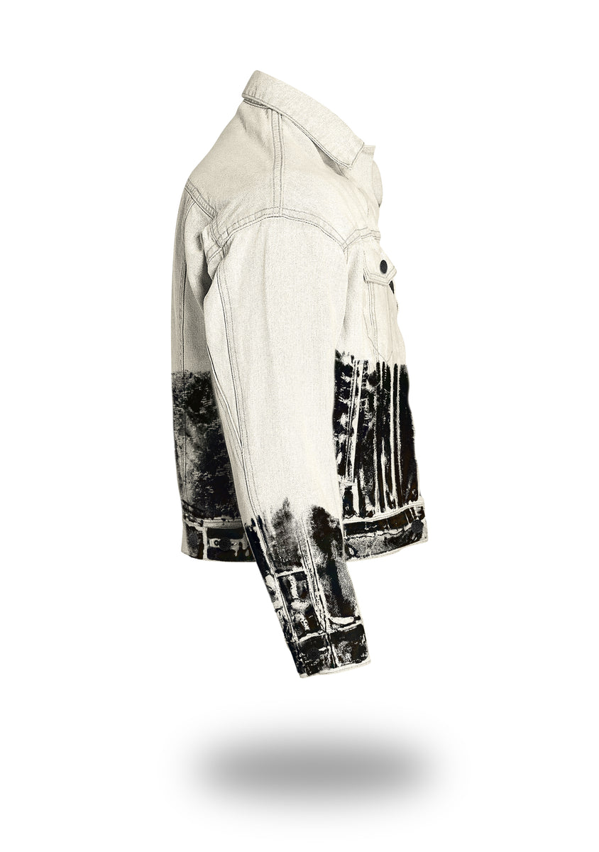Off White Denim Jacket with Black Metallic Foil | VENIM Custom Denim ...